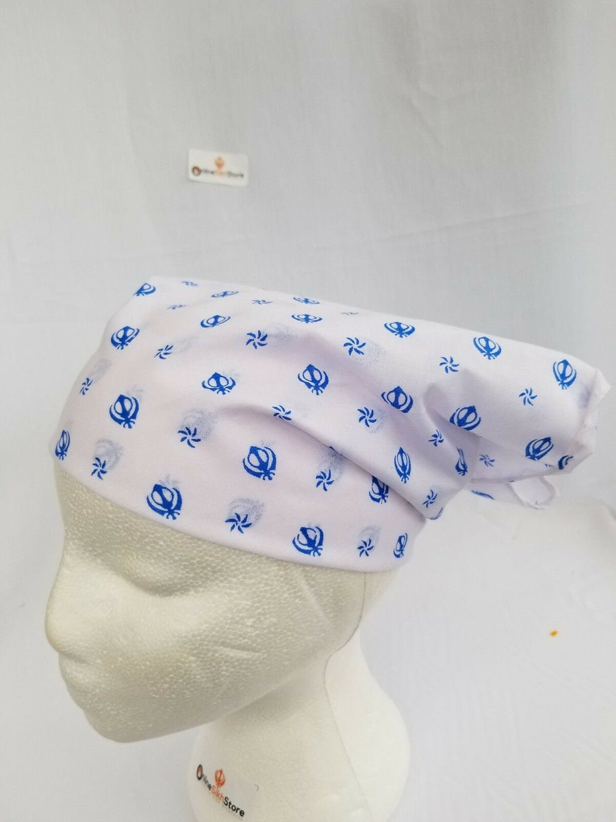 Sikh punjabi kaur white blue khanda bandana head wrap gear rumal handk ...
