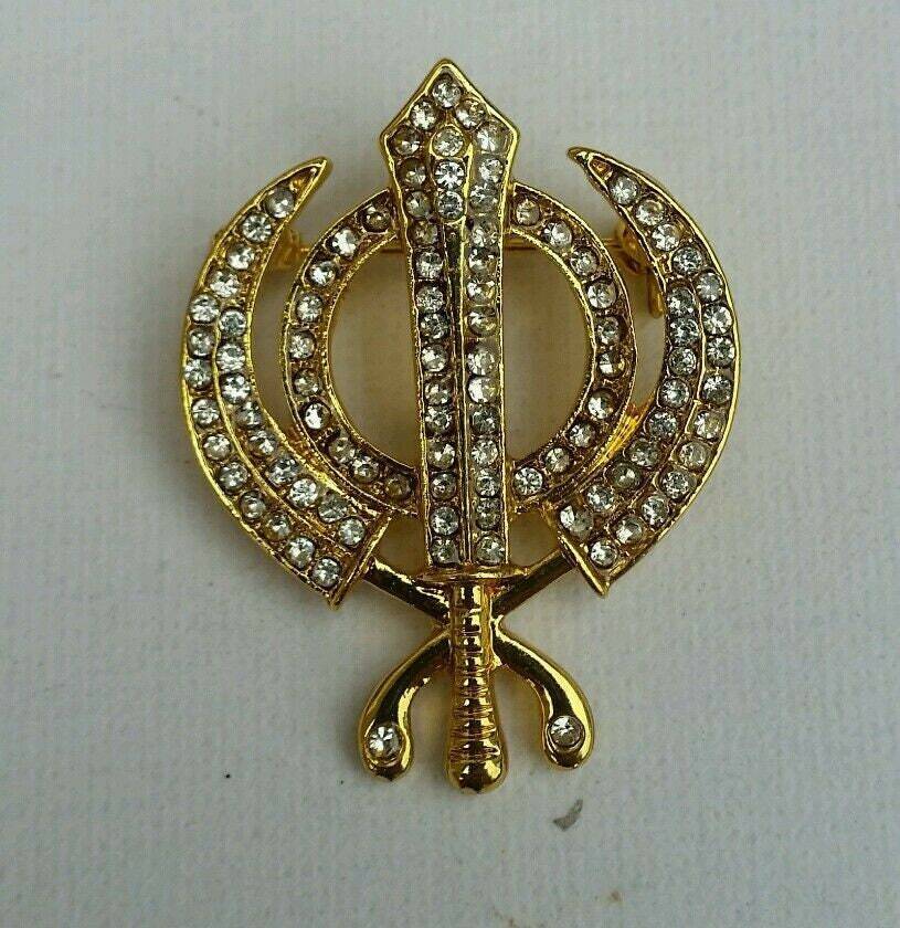 Sikh Khanda Brooch Gold Plated Cake Pin Singh Kaur Turban Dumala Parna ...